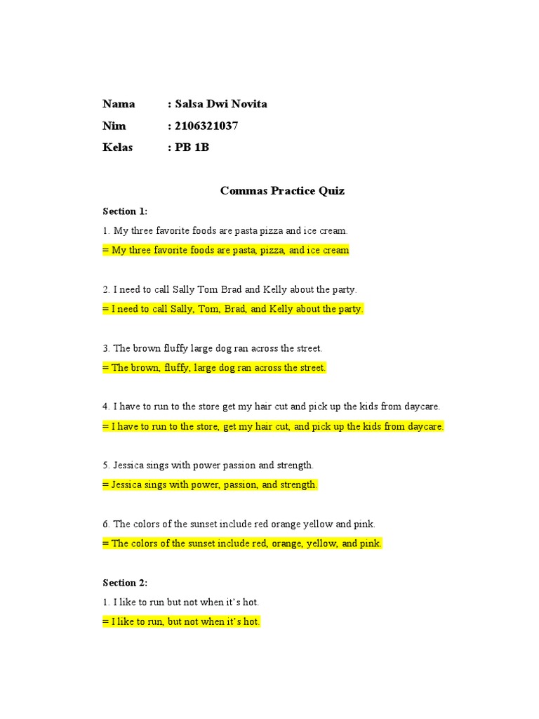 Commas Practice Quiz with Answers | PDF | Language Arts & Discipline