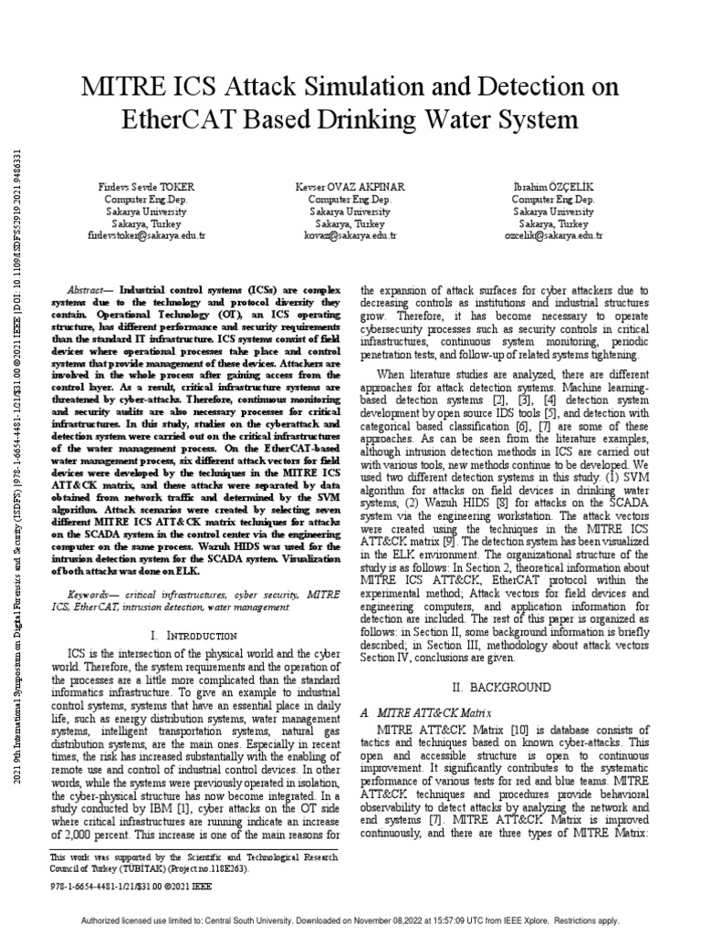 MITRE ICS Attack Simulation and Detection On EtherCAT Based Drinking Water System | PDF ...