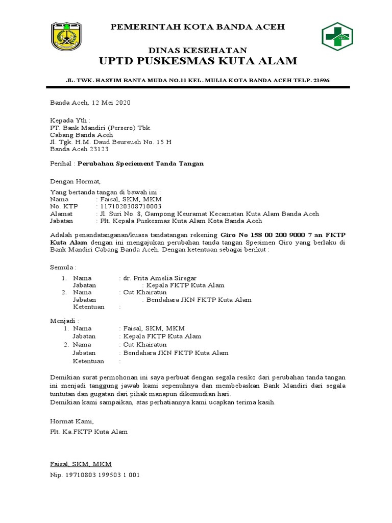 Contoh GANTI SPECIMEN BANK | PDF