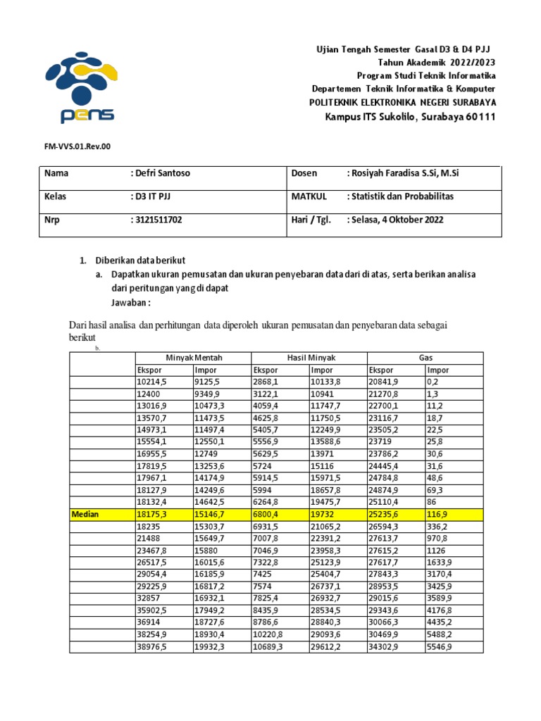 Uts - Statistik Dan Probabilitas - Defri Santoso - 3121511702 | PDF