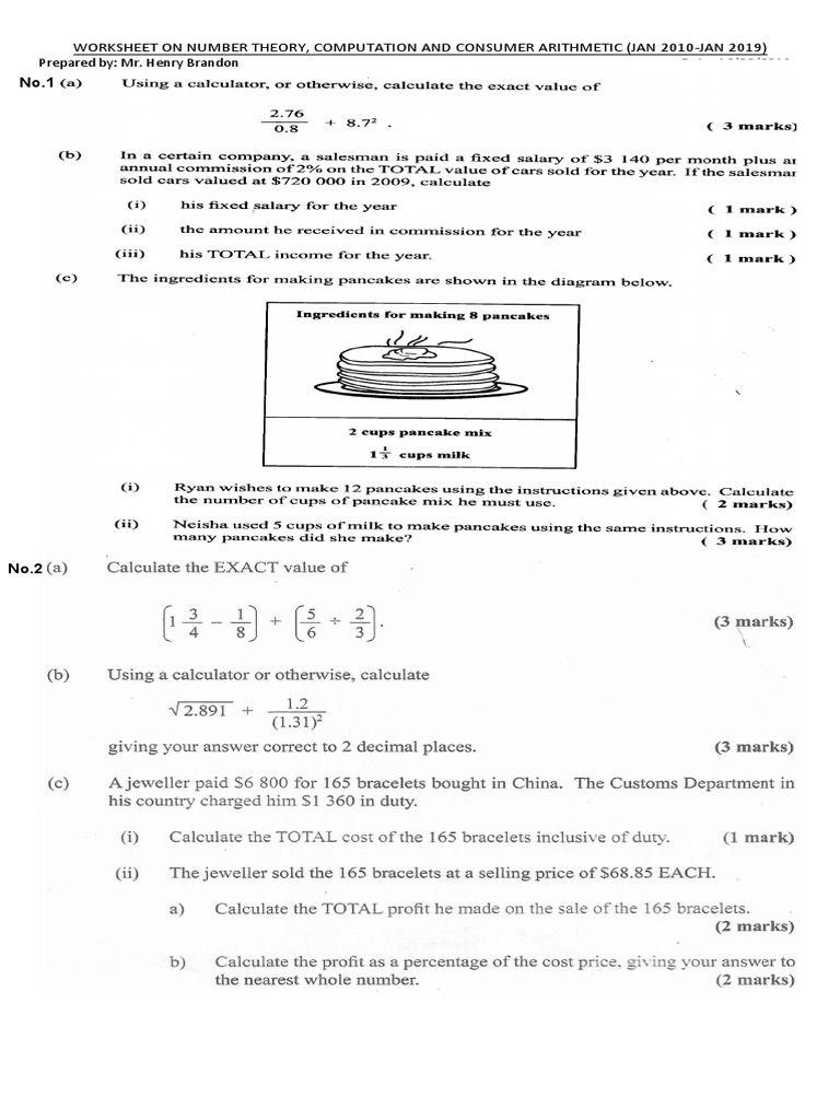 Worksheet 1-Number Theory, Computation, Consumer Arithmetic | PDF