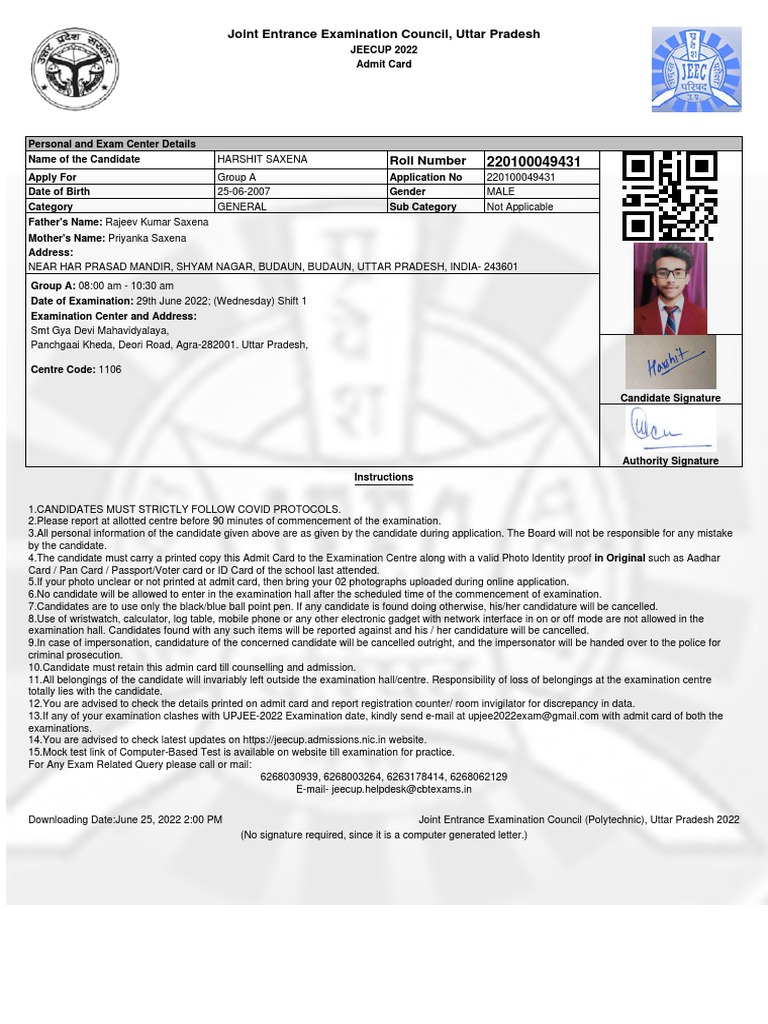 Harsh Gti Admit Card | PDF | Computing