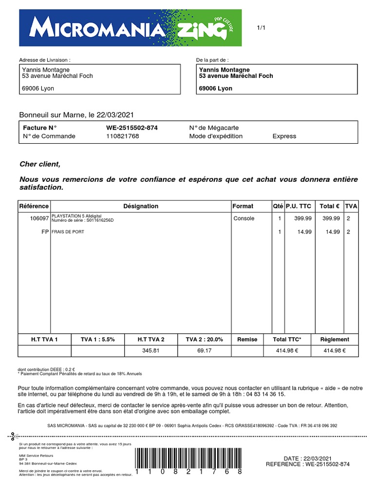 Facture PS5 | PDF | Paiements | Commerce