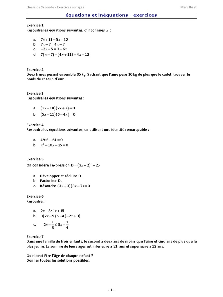 Exercices corrigés de maths en seconde | PDF | Équations | Géométrie ...