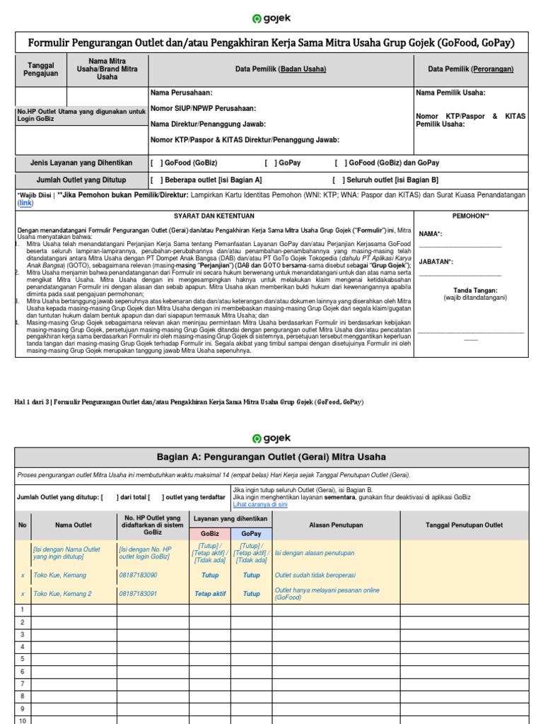 Formulir Pengurangan Outlet Dan - Atau Pengakhiran Kerja Sama GoFood - GoPay (Versi 11.2021) 2 | PDF