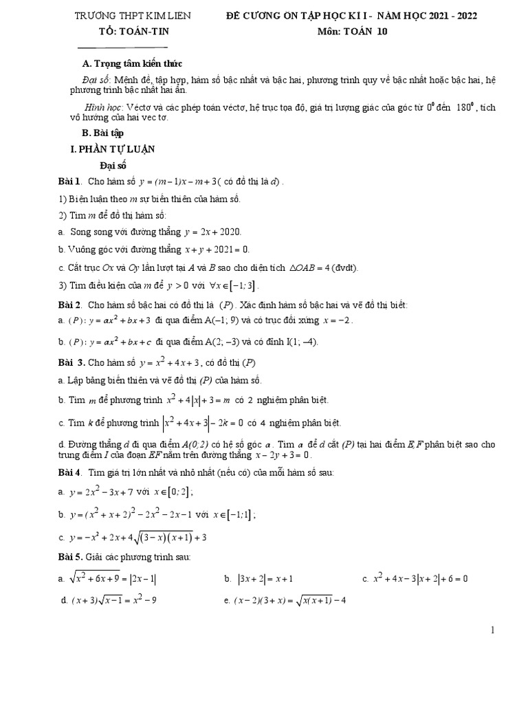 De Cuong On Tap Hoc Ki 1 Toan 10 Nam 2021 2022 Truong THPT Kim Lien Ha Noi | PDF