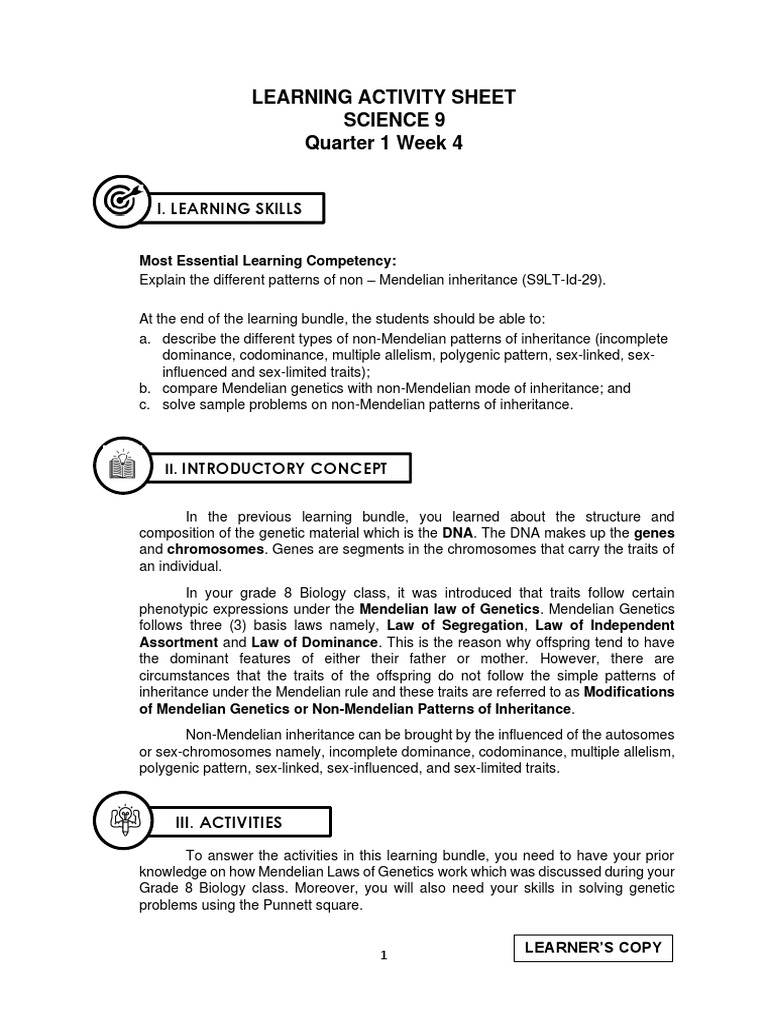 Learning Activity Sheet Science 9 Quarter 1 Week 4 | PDF | Dominance ...