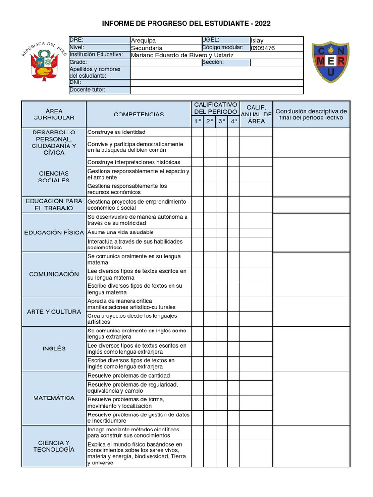 Informe Progreso Estudiante 2022 | PDF | Cognición