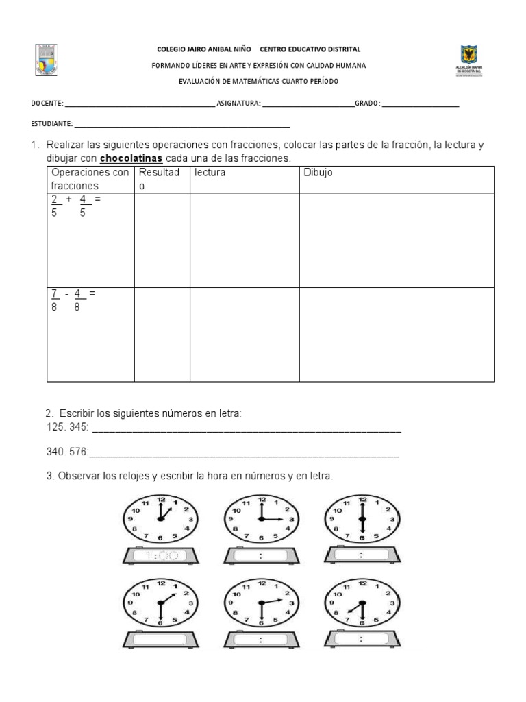 Evaluación de Matemáticas Cuarto Período | PDF