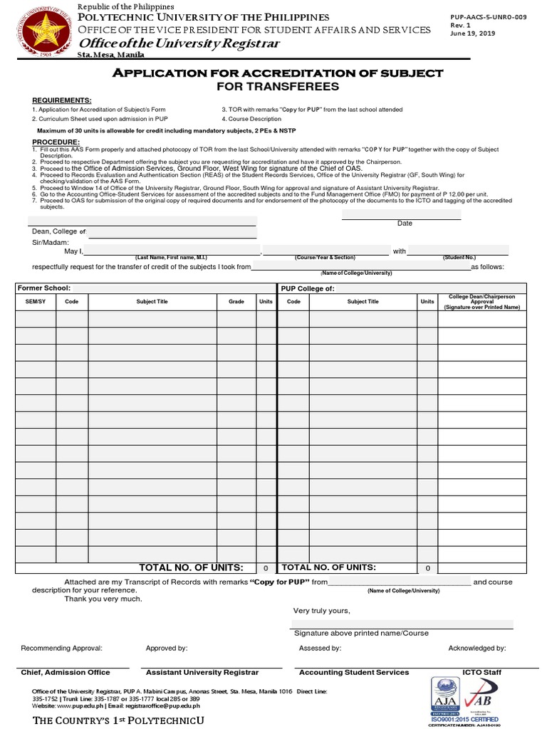 PUPAccreditationFormforTransferee FillableForm | PDF