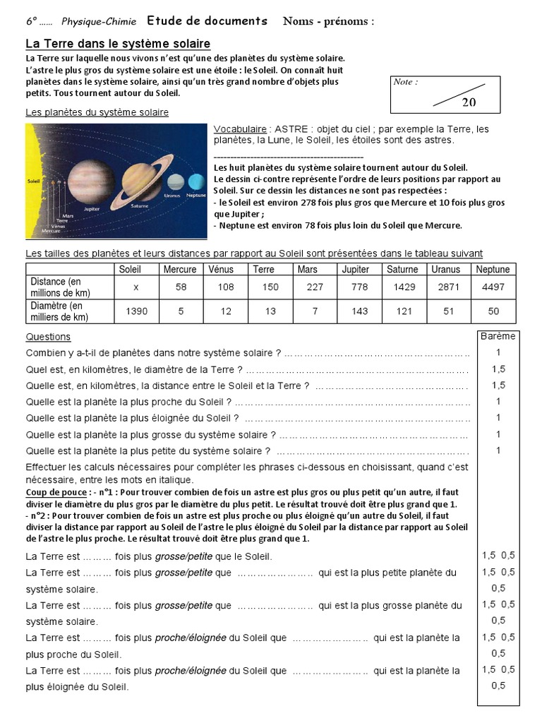 6°-Physique-Chimie - Etude de Documents-La Terre Dans Le Système Solaire | PDF | Système solaire ...