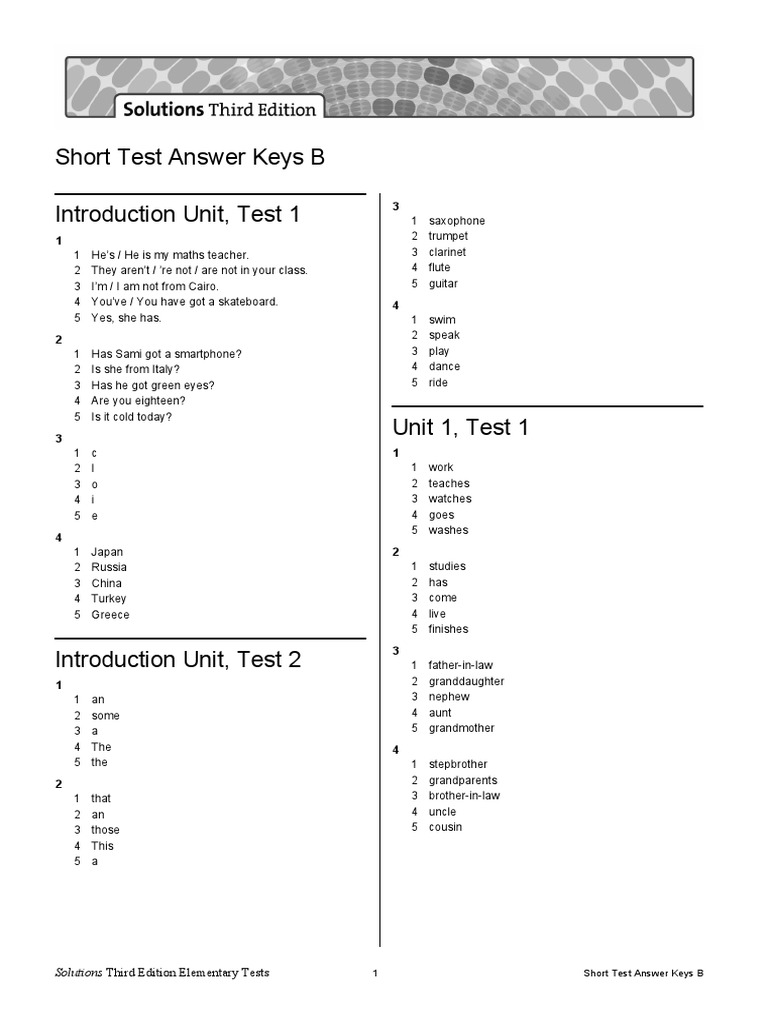 Sol3e Elem Short Test Answer Keys B | PDF Sol3e Elem Short Test Answer Keys B | PDF