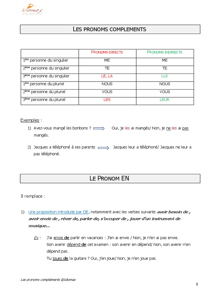 Les Pronoms Compléments COD COI IDIOMAS | PDF | Nombre grammatical | Clause