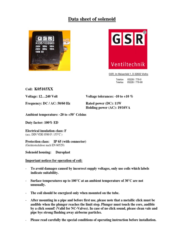 Solenoid Data Sheet | PDF