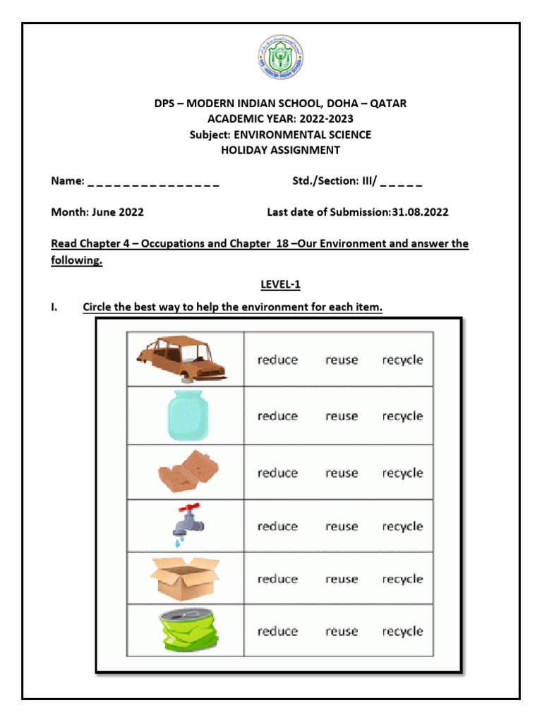 Class 3 Evs Summer Vacation Assignment and Project Work | PDF | Waste ...