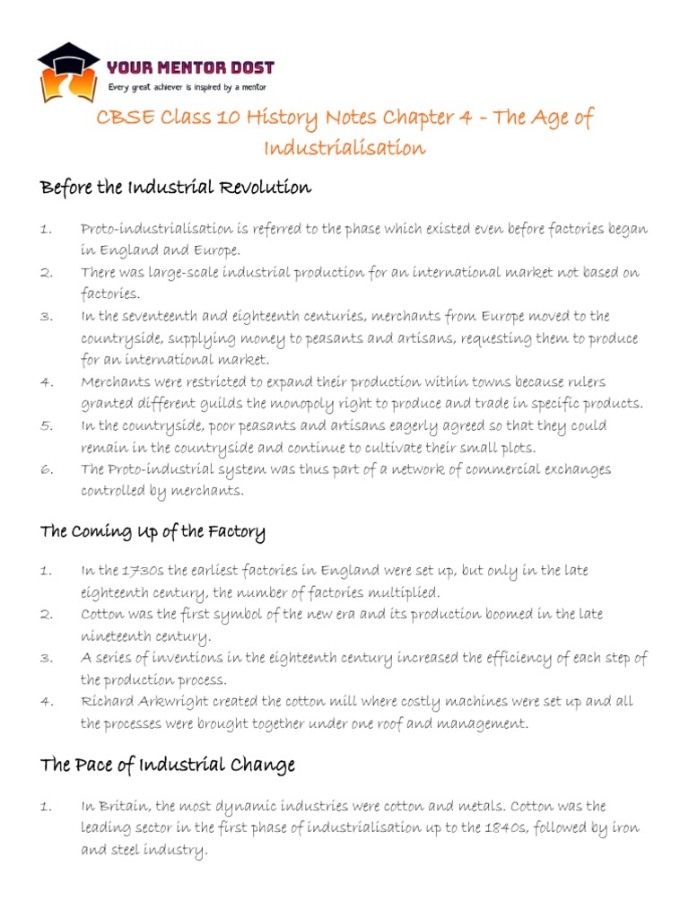CBSE Class 10 History Notes Chapter 4 - The Age of Industrialisation ...