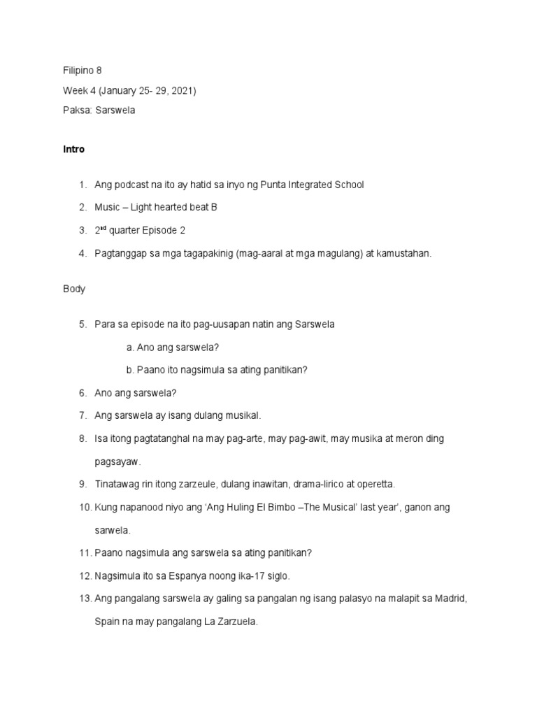 Q2 Episode 2 - Sarswela | PDF