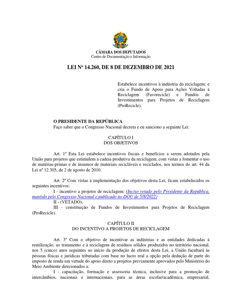 Lei 14260 8 Dezembro 2021 792071 Normaatualizada PL | PDF | Reciclagem | Cooperativa