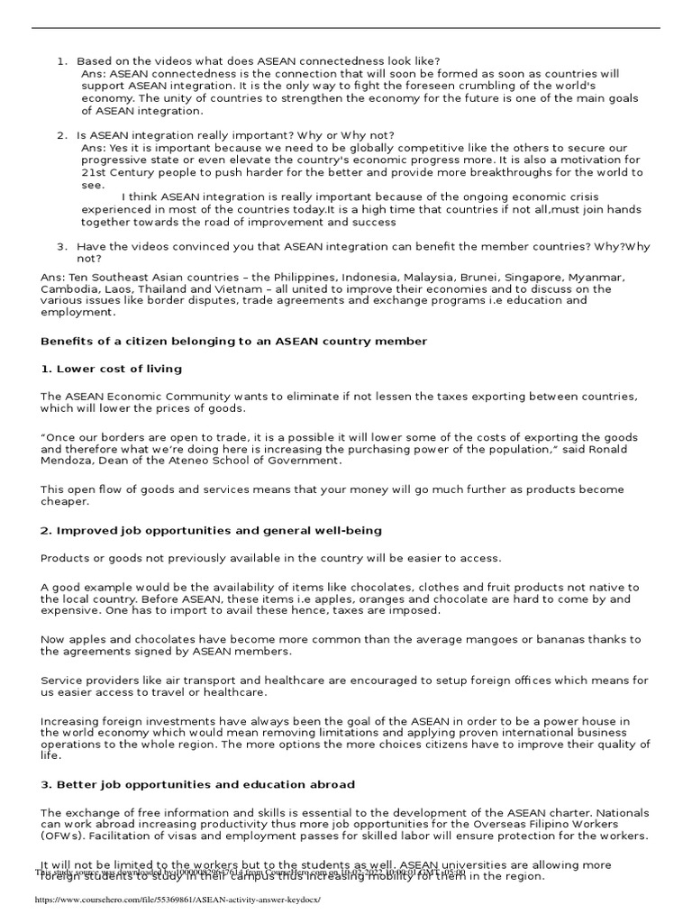ASEAN Activity Answer Key | PDF | Cost Of Living | Southeast Asia