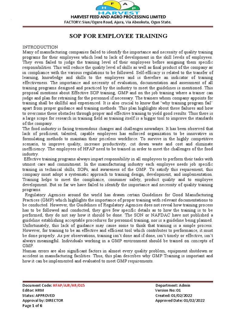 Sop For Employee Training | PDF | Educational Assessment | Clinical Trial