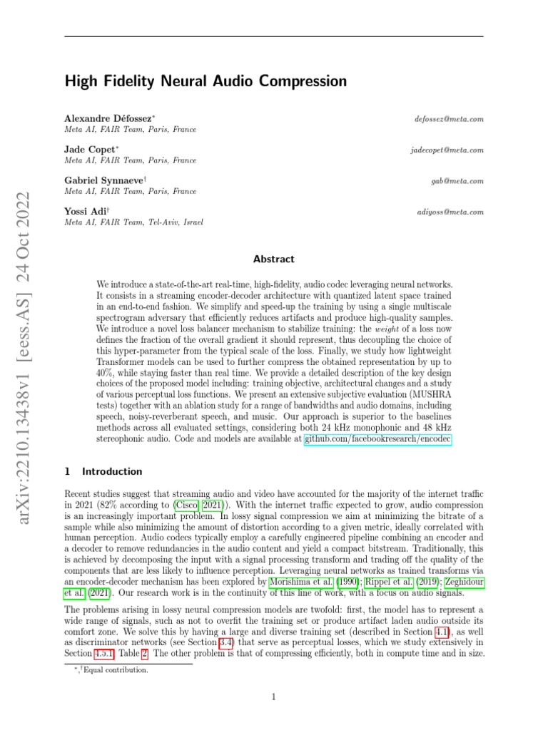 High Fidelity Neural Audio Compression: Alexandre Défossez | PDF | Data Compression | Codec