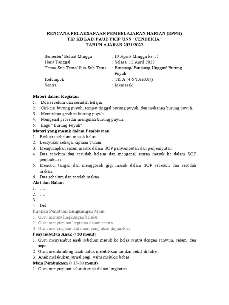Contoh RPPH Model Sentra (Sentra Memasak 1) | PDF