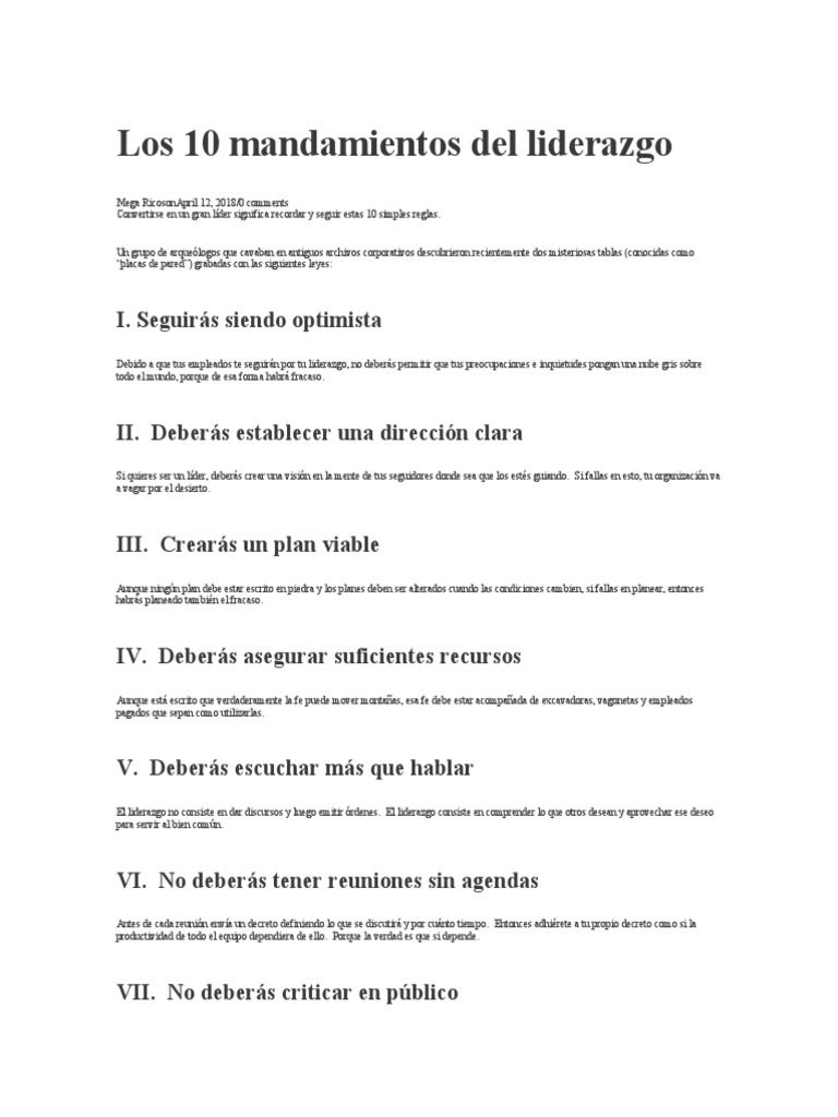 Los 10 Mandamientos Del Liderazgo | PDF | Liderazgo