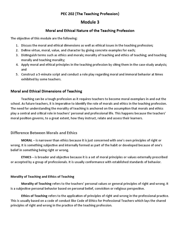 Module 3 (Moral and Ethical Nature of The Teaching Profession) | PDF | Morality | Teachers