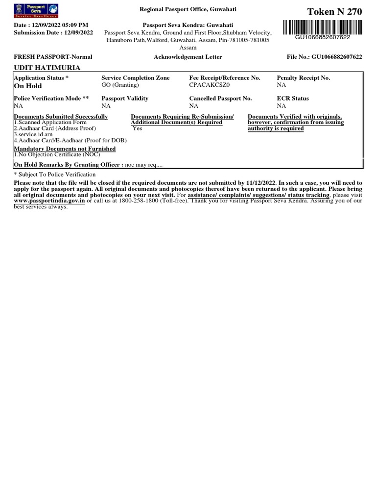 Passport Application Acknowledgement - Assam | PDF