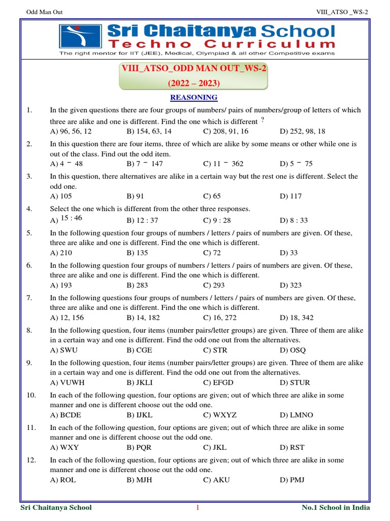Odd Man Out Reasoning Worksheet | PDF