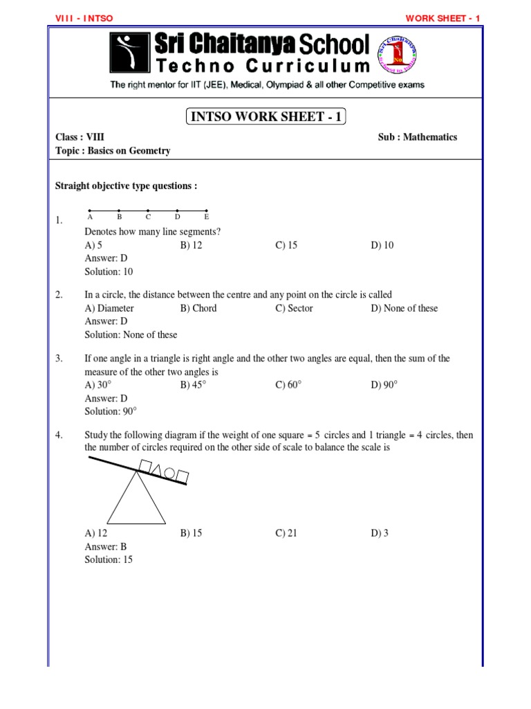 8 - Class INTSO Work Sheet - 1 - Basics On Geometry | PDF | Circle ...