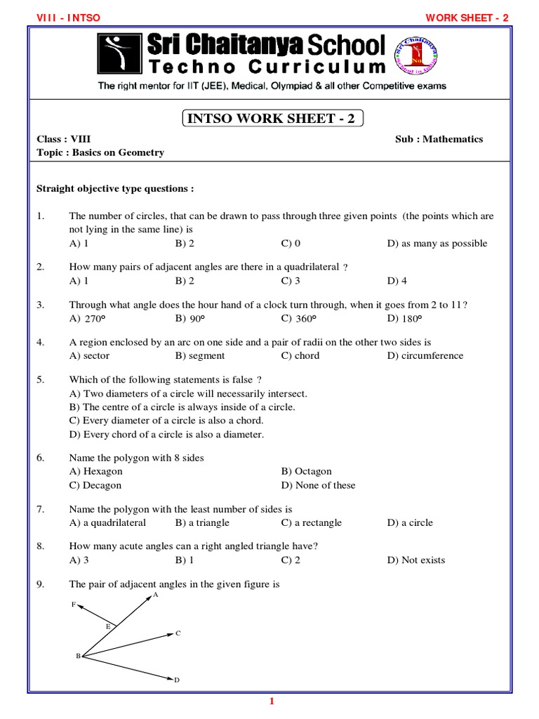 8 - Class INTSO Work Sheet - 2 - Basics On Geometry | PDF