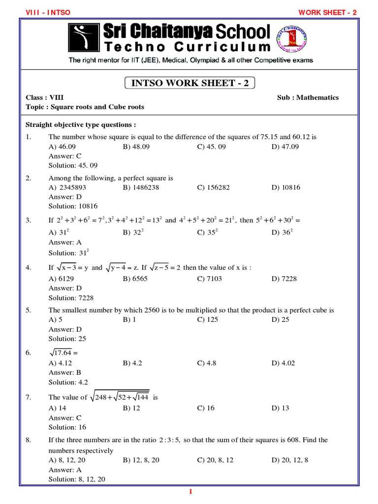 8 - Class INTSO Work Sheet - 2 - Square Roorts and Cube Roots | PDF ...