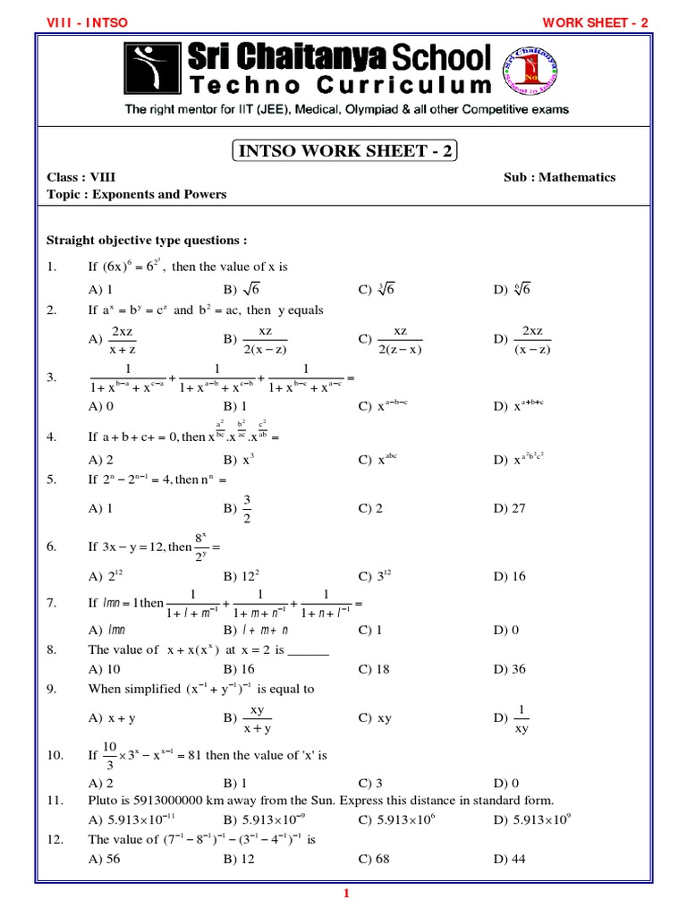 Class 8 Exponents and Powers Worksheet | PDF | Mathematics