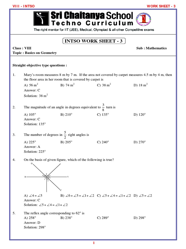 8 - Class INTSO Work Sheet - 3 - Basics On Geometry | PDF | Angle | Triangle