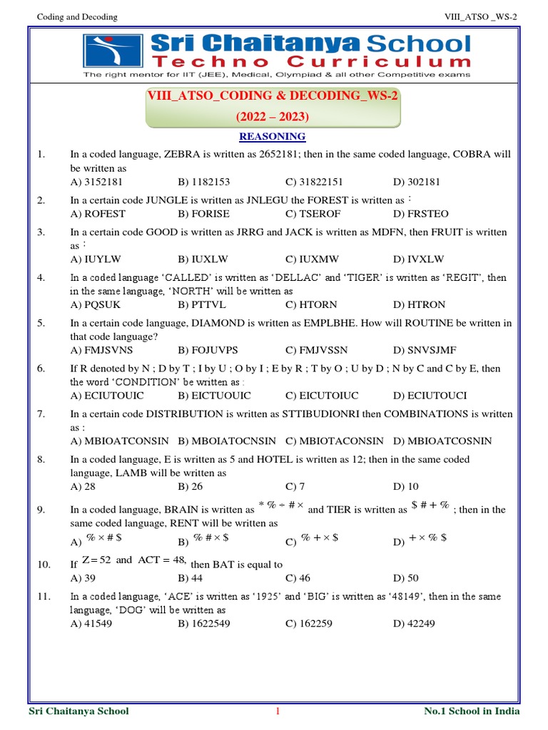 VIII ATSO Coding and Decoding WS-2 | PDF | Cognitive Science ...
