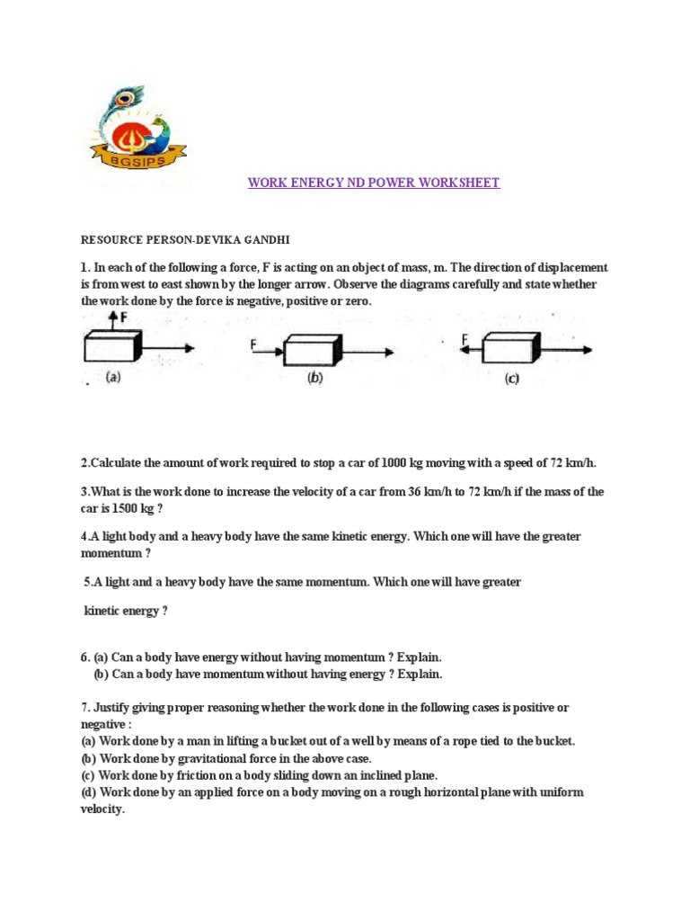 Work Energy Worksheet | PDF | Force | Kinetic Energy