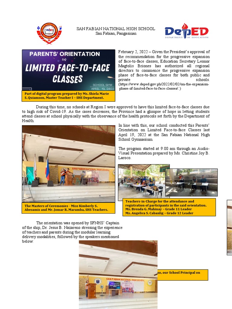 Narrative Report On Parents Orientation On Limited Face To Face Classes | PDF