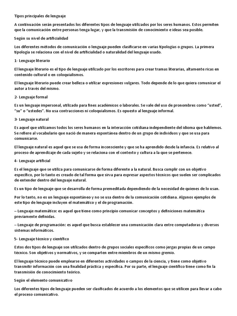Tipos de Lenguaje y Su Clasificación | PDF | Comunicación ...