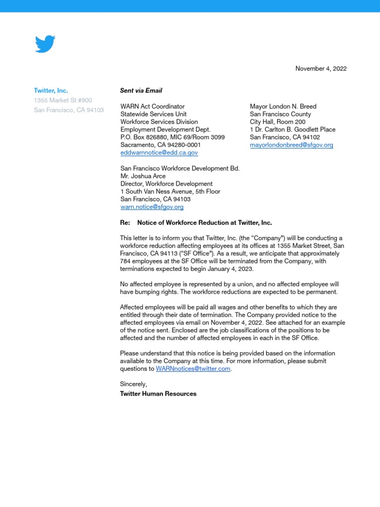 Twitter CA and NY WARN Notices | PDF | Employment | Layoff