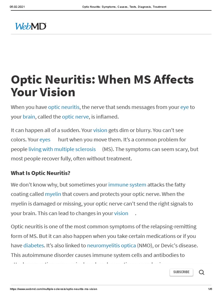 Optic Neuritis - Symptoms, Causes, Tests, Diagnosis, Treatment | PDF