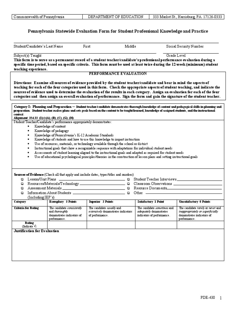 PDE-430 Student Evaluation Form | PDF | Teachers | Educational Assessment