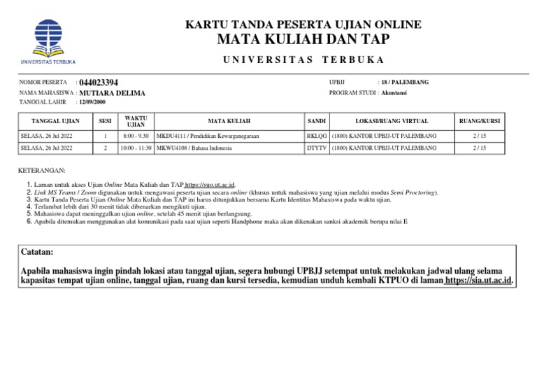 Mata Kuliah Dan Tap: Kartu Tanda Peserta Ujian Online | PDF