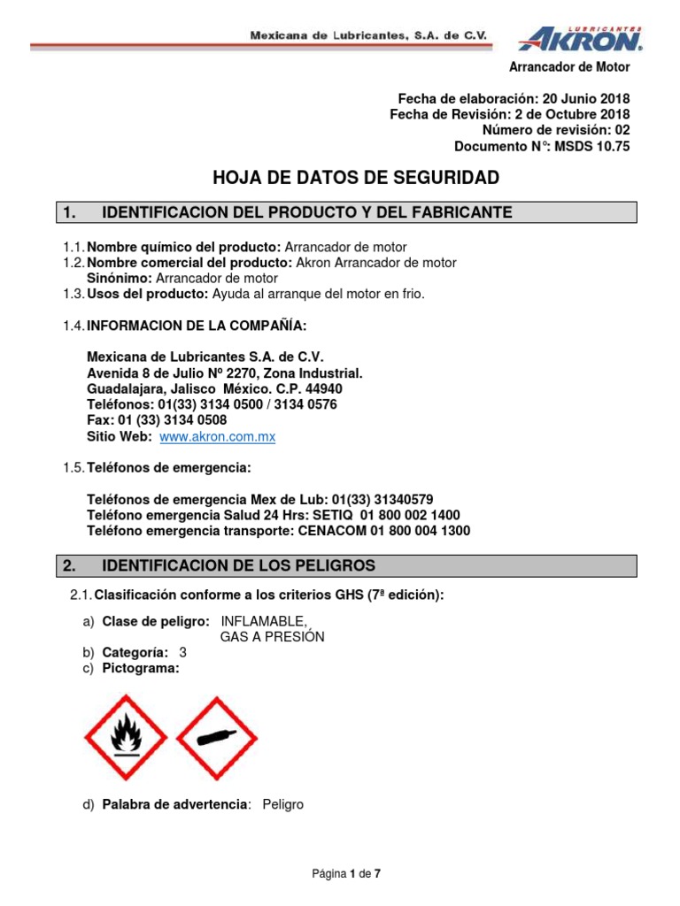 10.75 MSDS Arrancador para Motor (Revisión 02) | PDF | Agua | Química