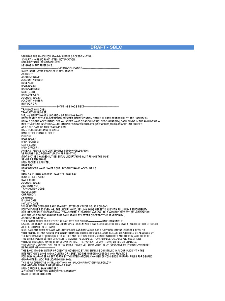 Draft - SBLC | PDF | Letter Of Credit | Banks