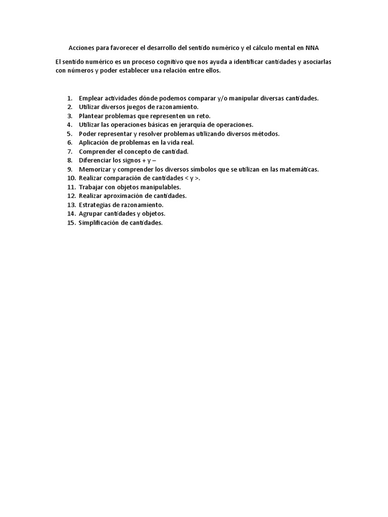 Acciones para Favorecer El Desarrollo Del Sentido Numérico y Calculó ...
