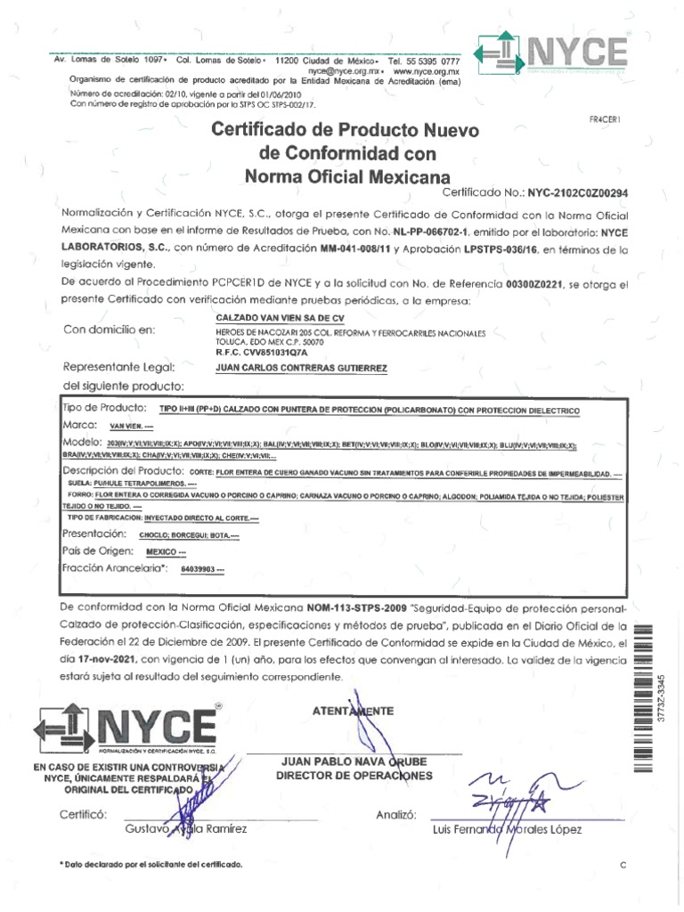 Certificado Nyce Tipo Ii+iii (PP+D) Inyectado Casquillo Policarbonato Vanvien 2022 | PDF