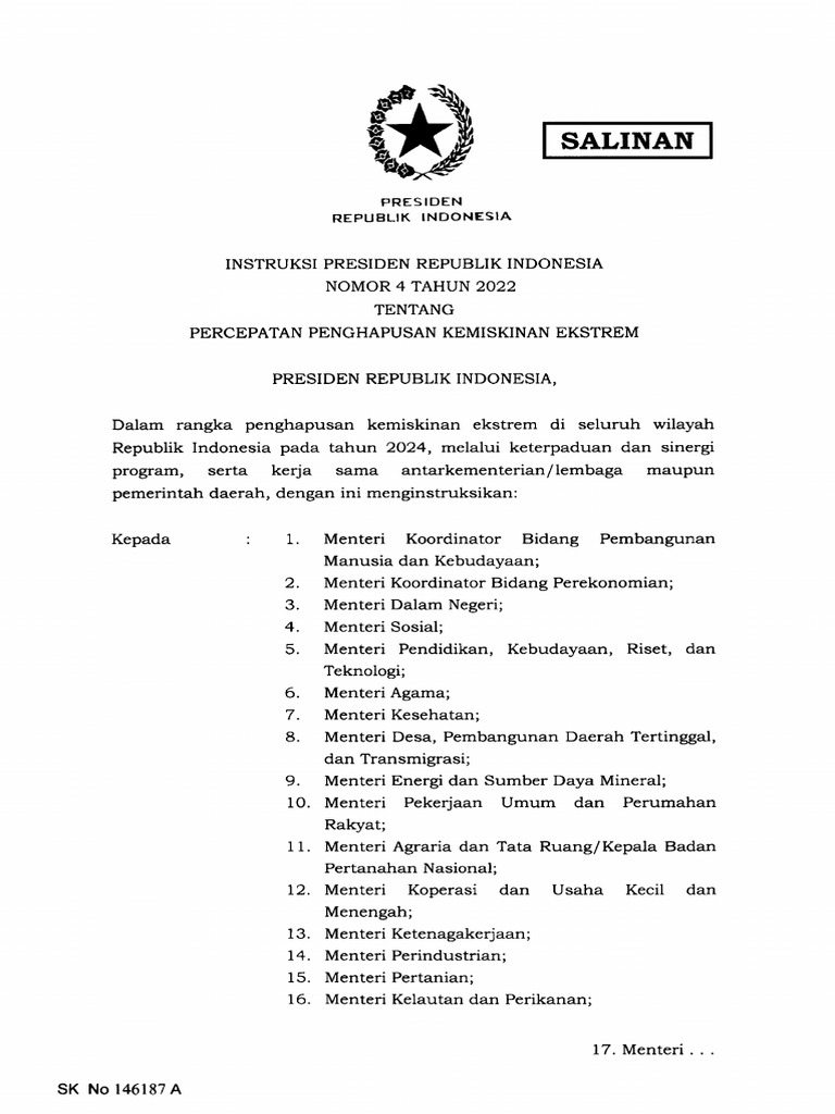 Inpres - Nomor - 4 - Tahun - 2022 TTG Percepatan Penghapusan Kemiskinan Ekstrim | PDF
