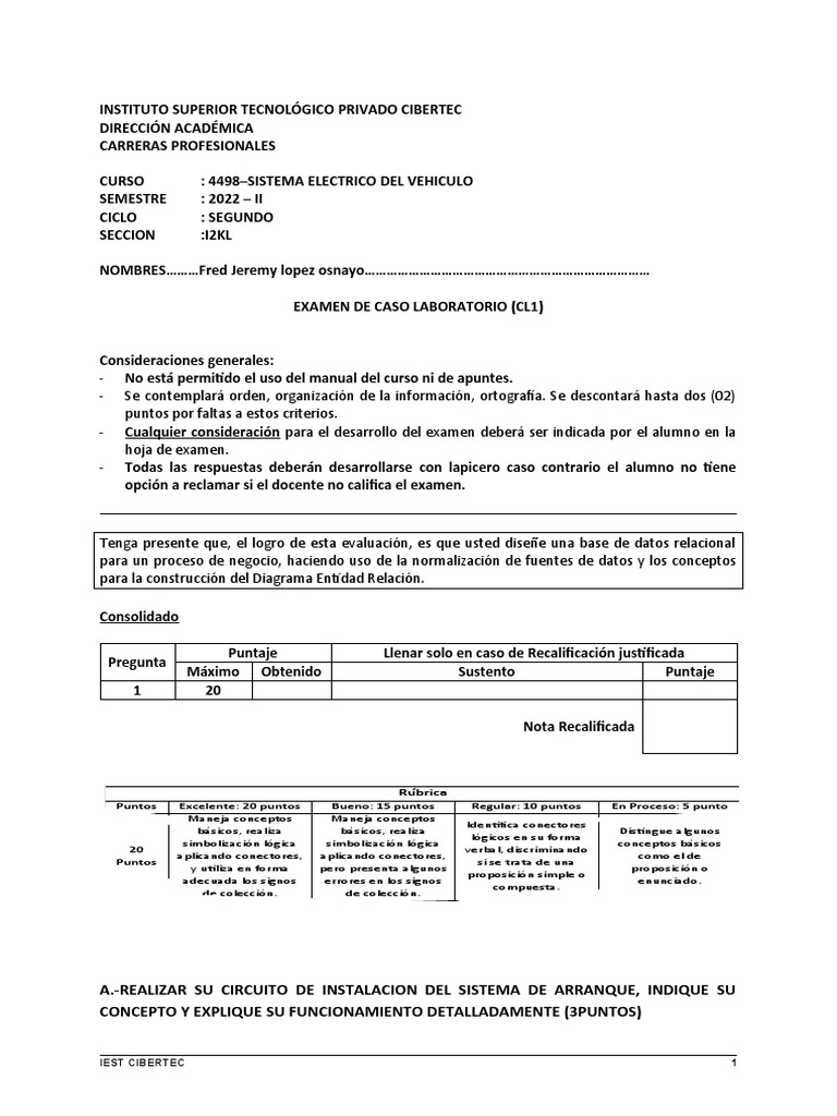 Examen de Caso Laboratorio Del Sistema Electrico Del Vehiculo (CL1 ...