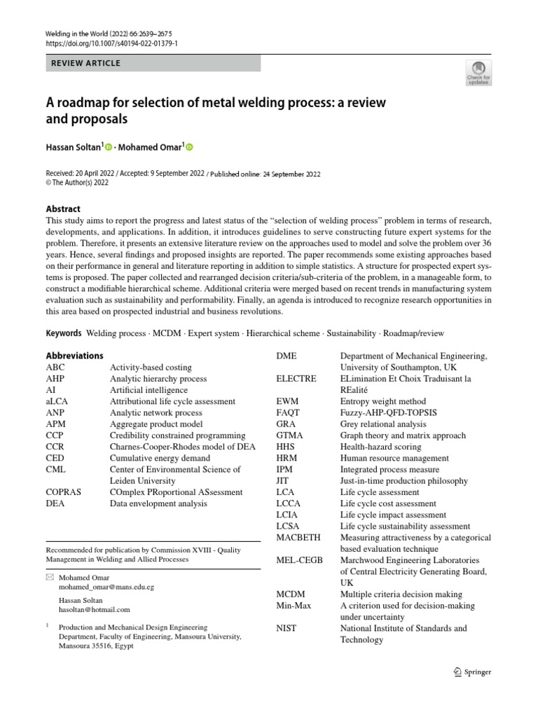 Roadmap Welding Process Selection | PDF | Life Cycle Assessment | Welding